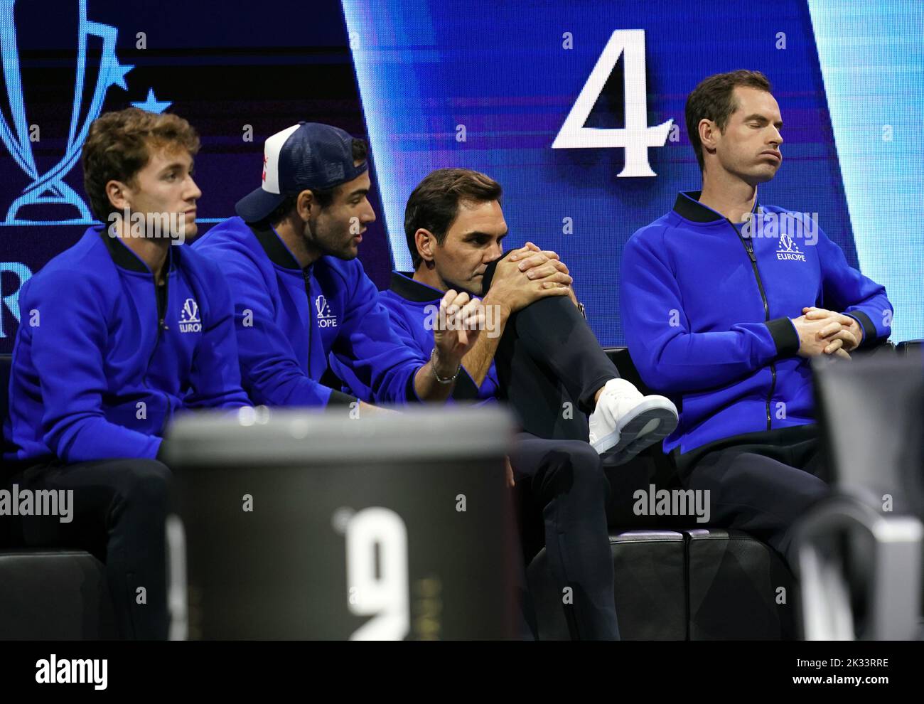 Team Europe's Roger Federer (centre) and Andy Murray (right) watching ...