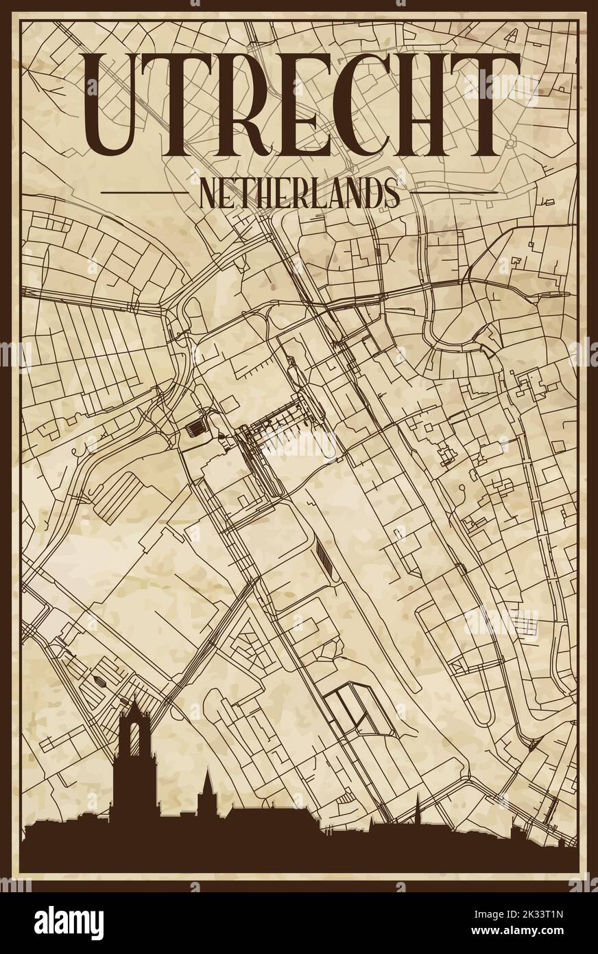 Brown vintage hand-drawn printout streets network map of the downtown ...