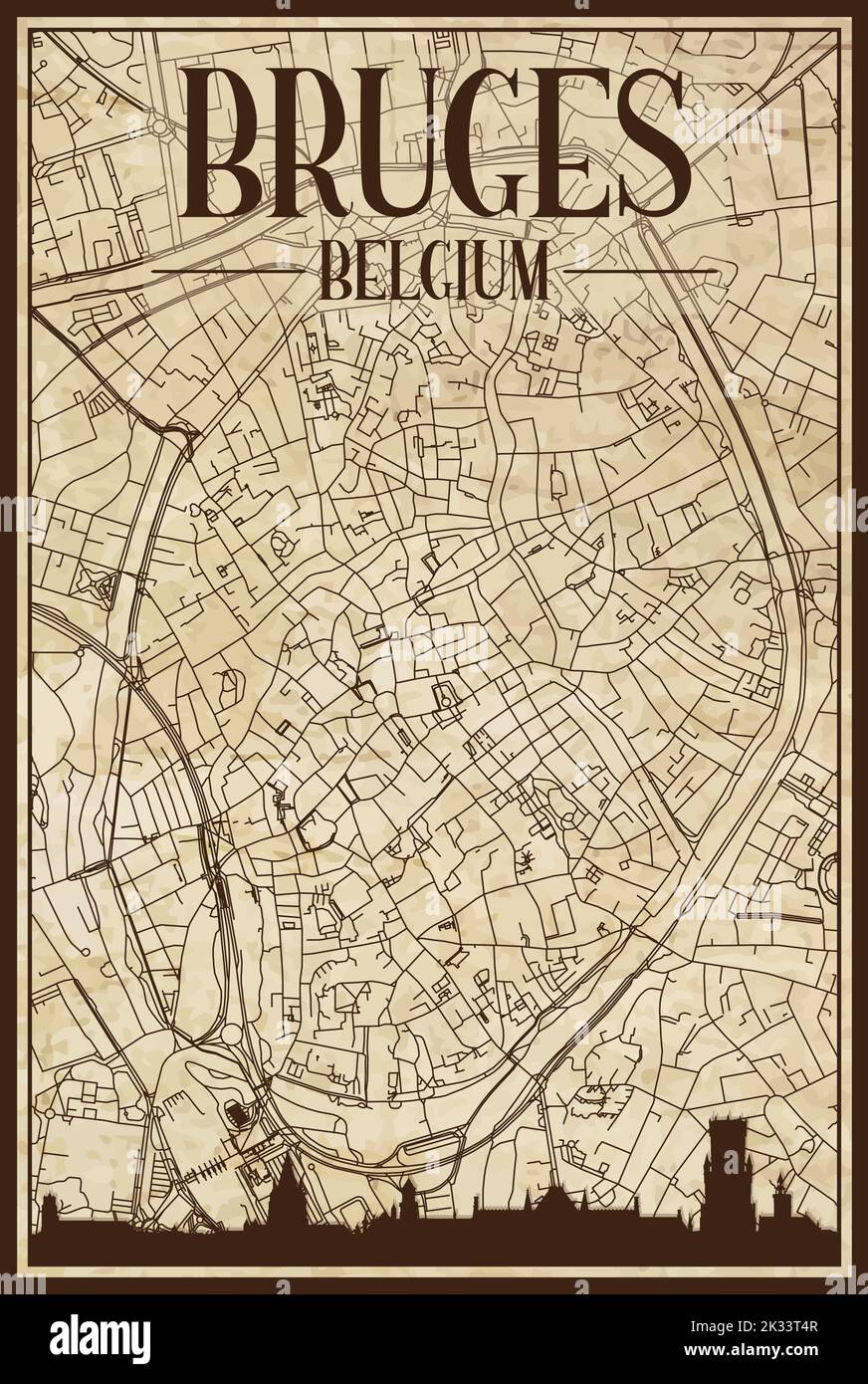 Brown vintage hand-drawn printout streets network map of the downtown ...