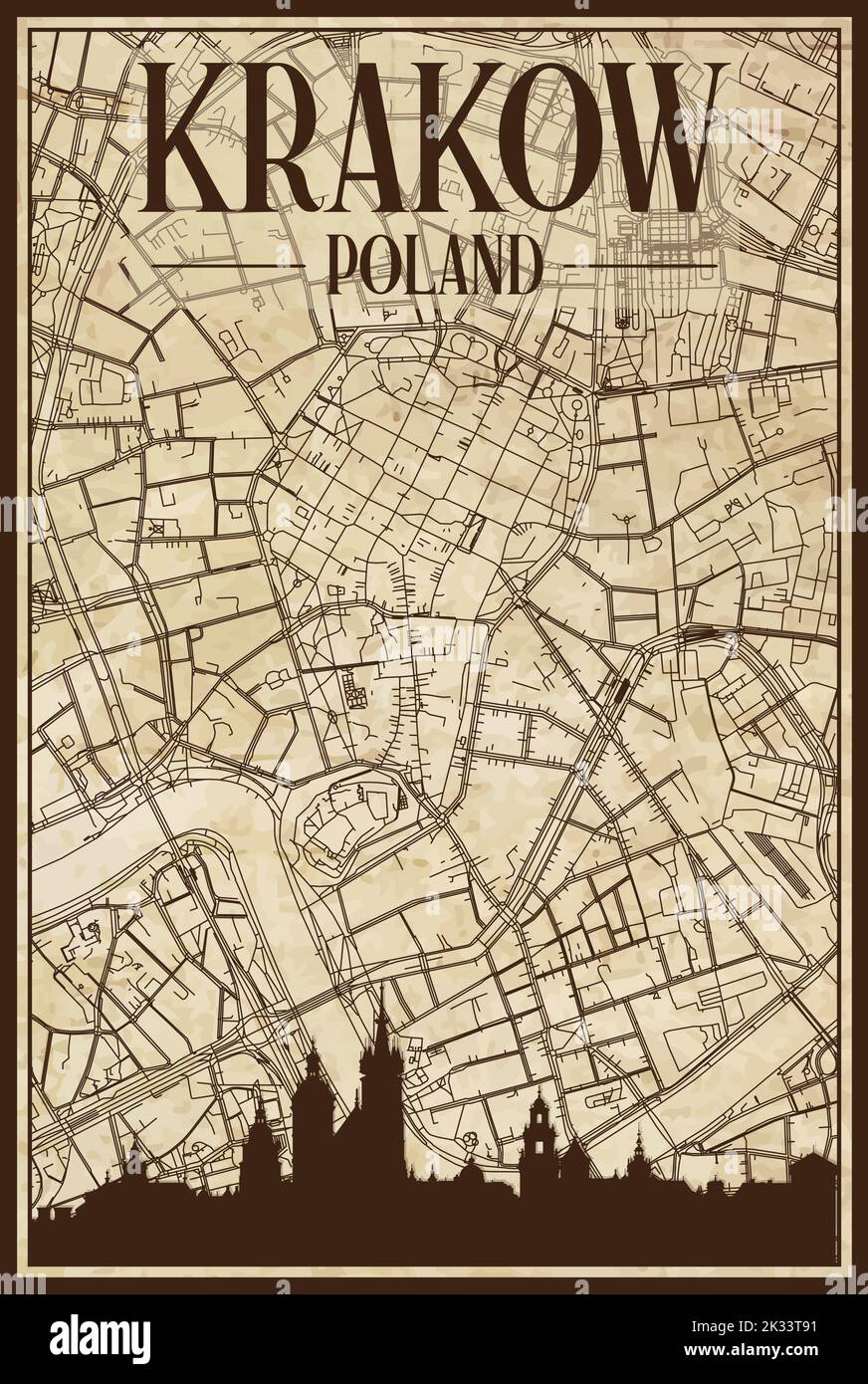 Brown vintage hand-drawn printout streets network map of the downtown ...