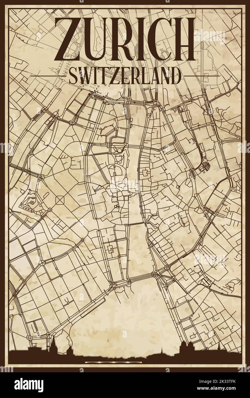 Brown vintage hand-drawn printout streets network map of the downtown ZURICH, SWITZERLAND with ...