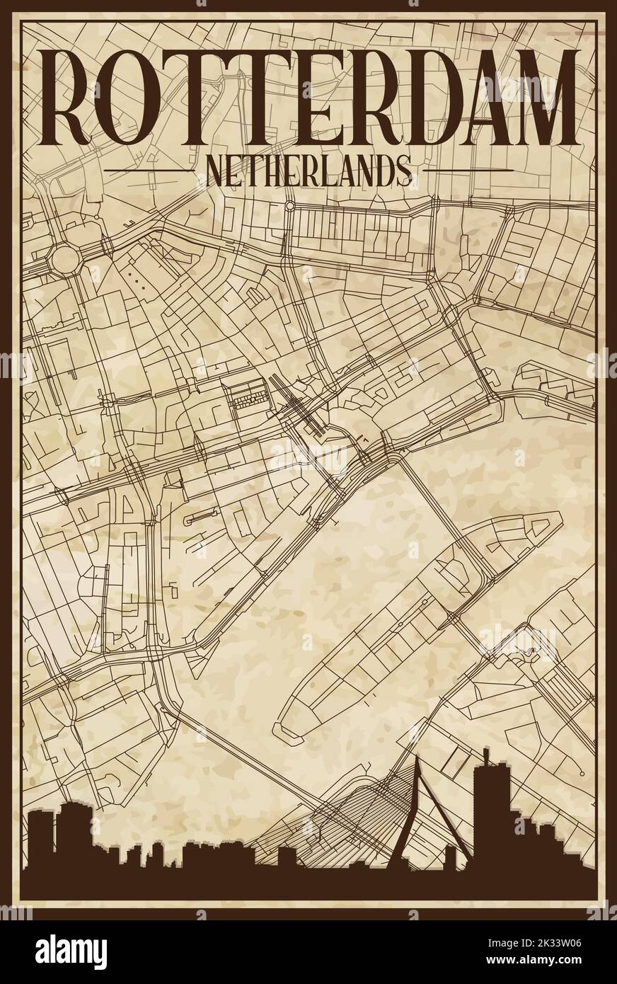 Brown vintage hand-drawn printout streets network map of the downtown ...