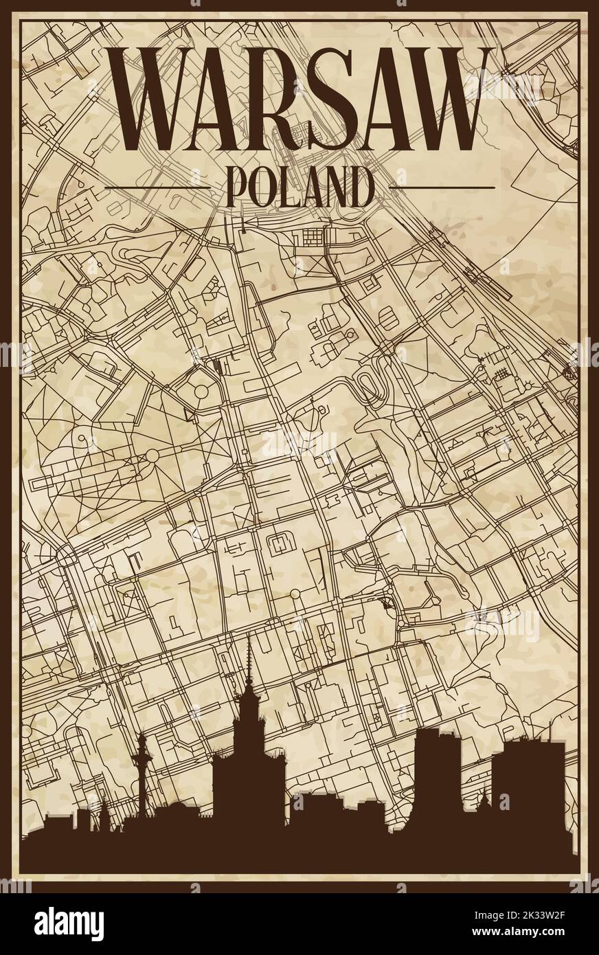 Brown vintage hand-drawn printout streets network map of the downtown ...
