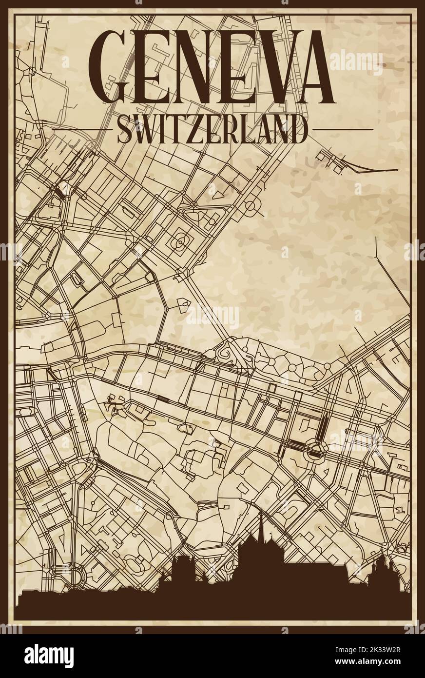 Brown vintage hand-drawn printout streets network map of the downtown ...