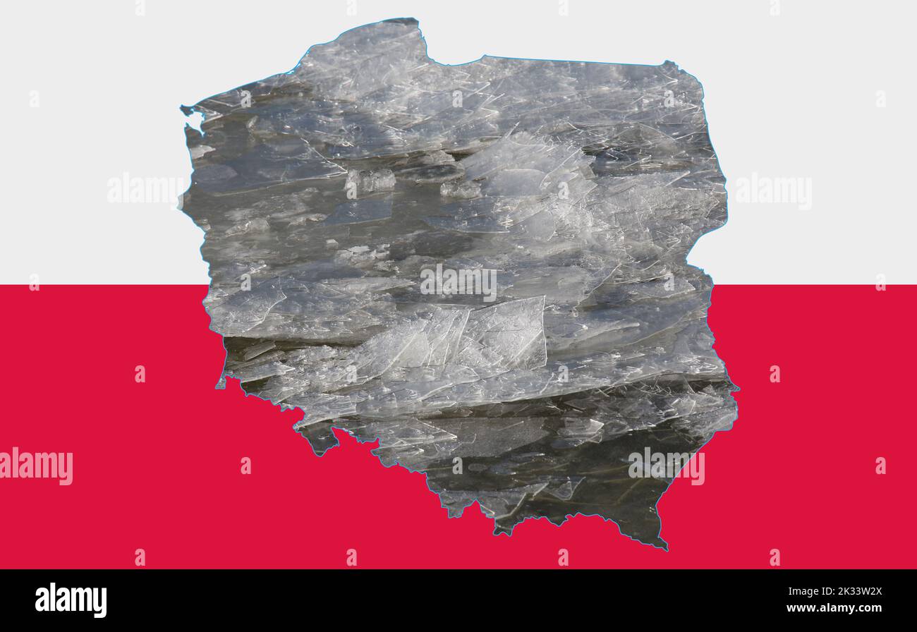 Outline map of Poland with the image of the national flag. Ice inside ...