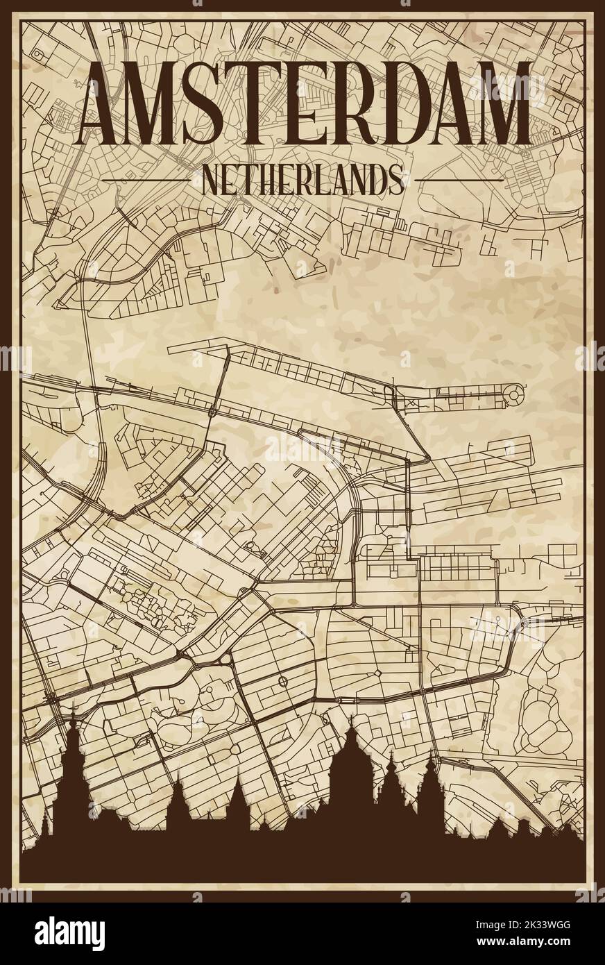 Brown vintage hand-drawn printout streets network map of the downtown ...