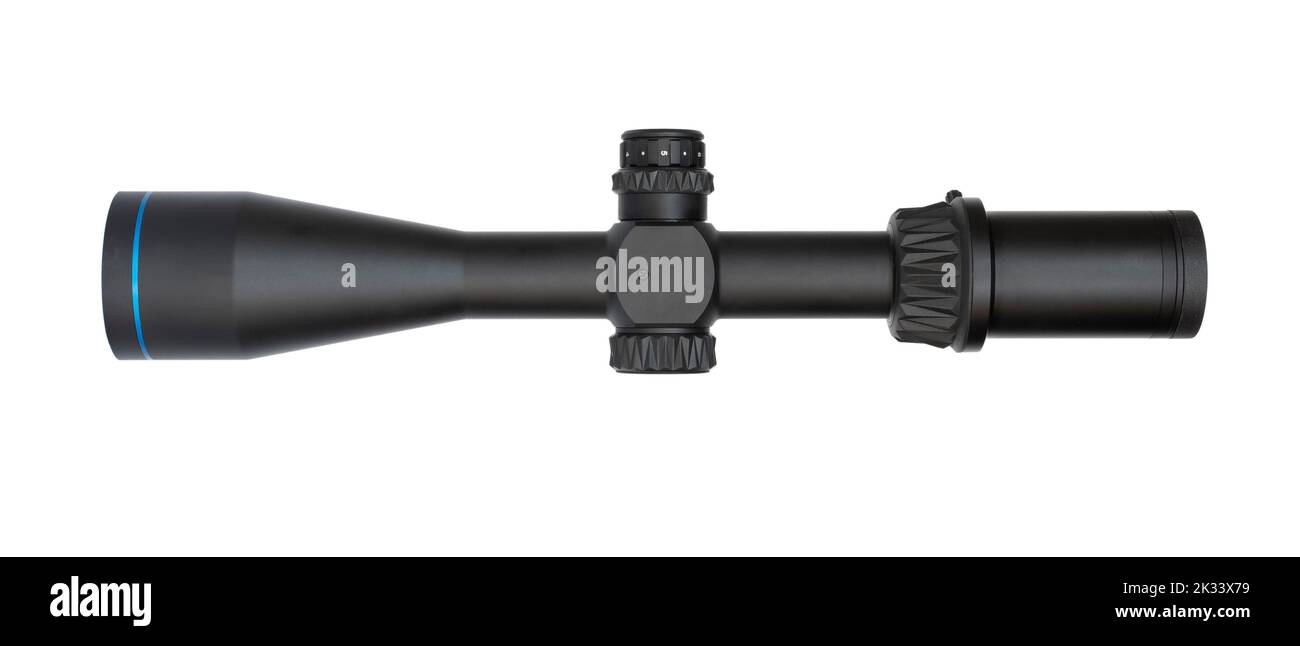 High power scope for a rifle seen from the bottom isolated on white ...