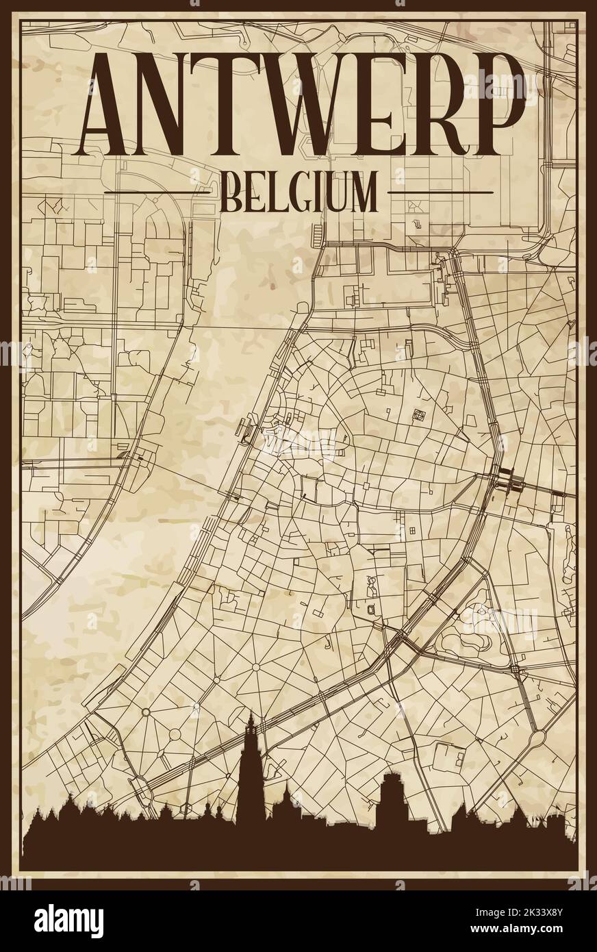 Brown vintage hand-drawn printout streets network map of the downtown ...