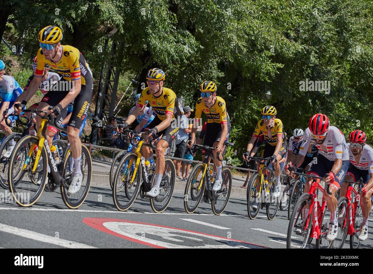 Yellow color cyclists in Clásica San Sebastián 2022 Stock Photo - Alamy
