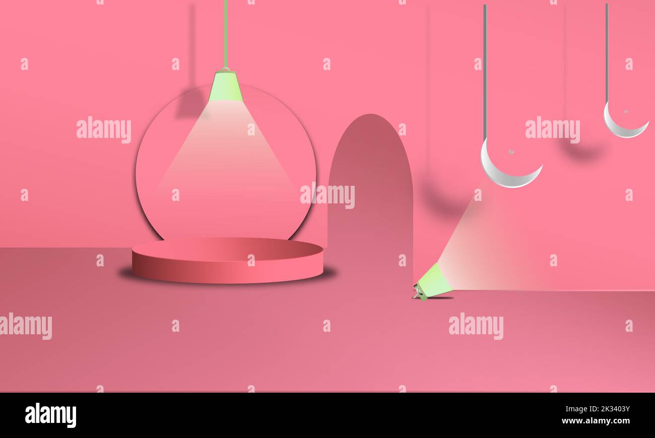 A 3-d render of a pink space with decorative elements and lights all ...