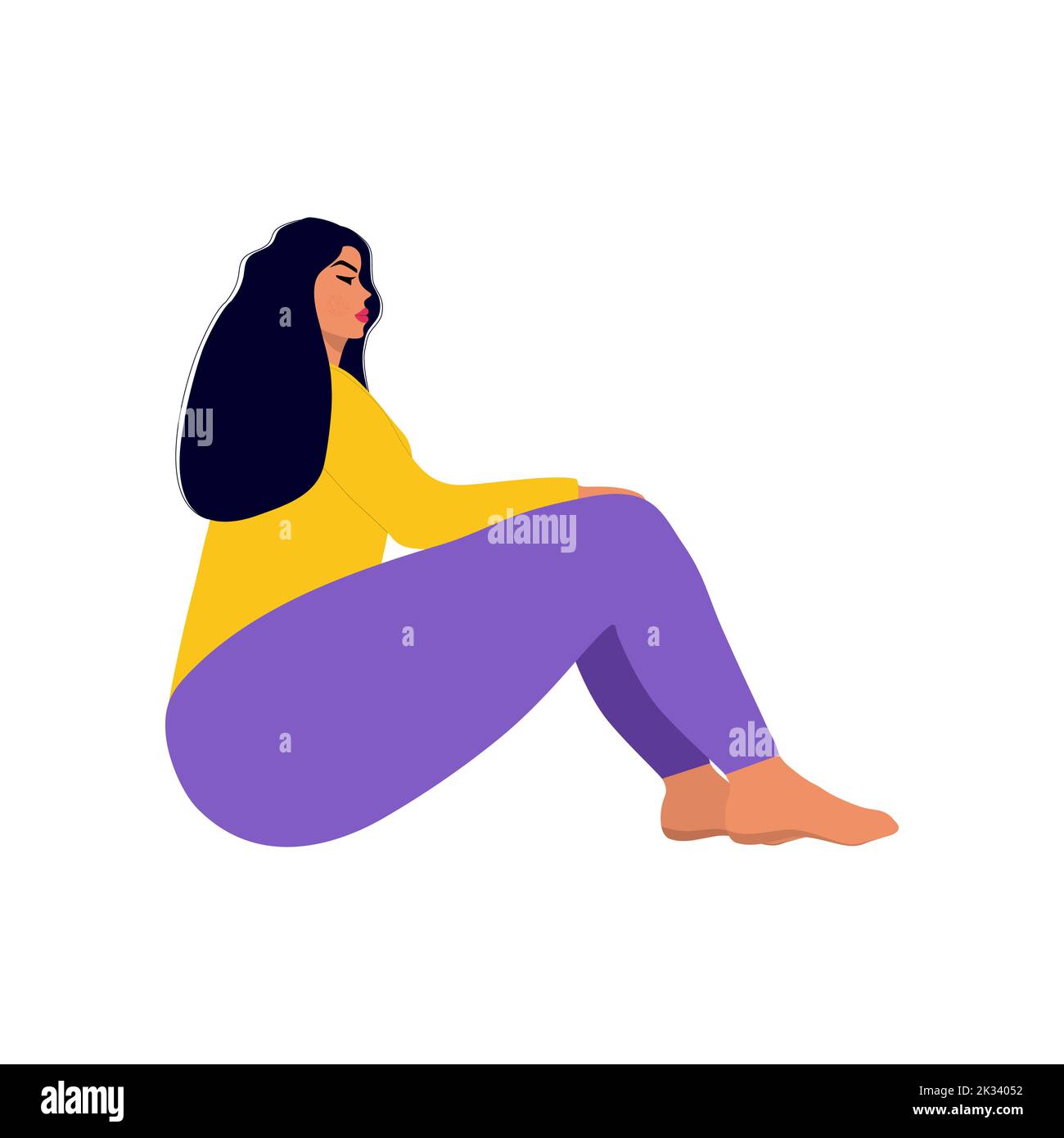 Lonely sad girl sits and looks into the distance. Vector illustration ...
