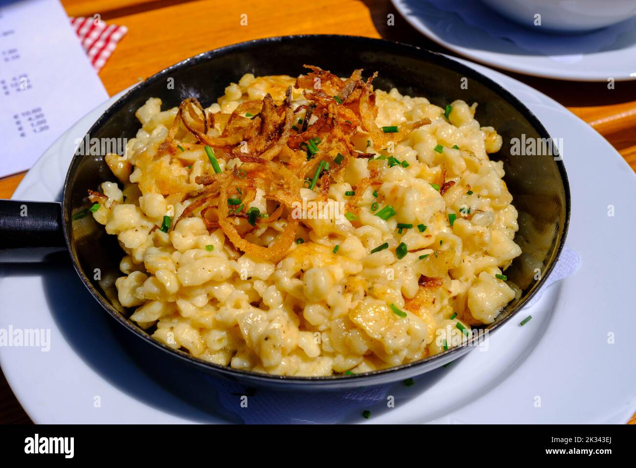 Cheese spaetzle, food, at the Graukogel Hut, Swiss Pine Trail at the ...