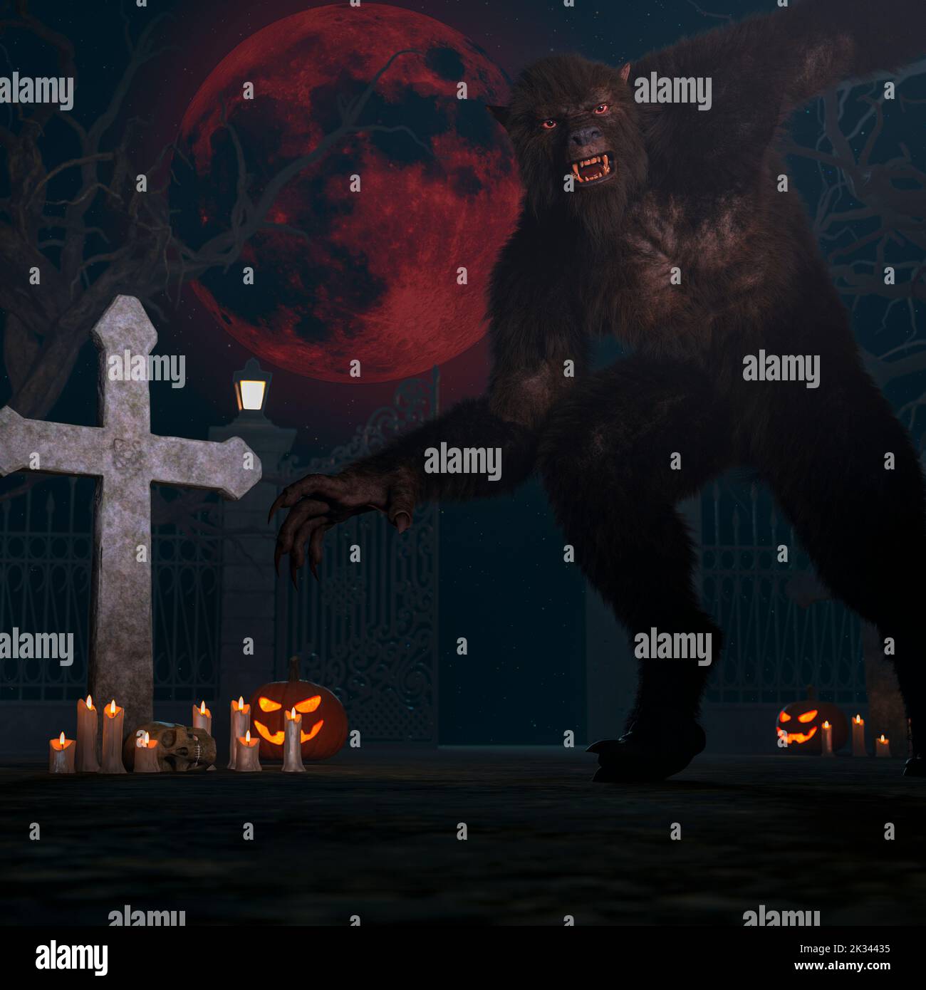 Illustration of a werewolf during the night in the creepy cemetery with ...