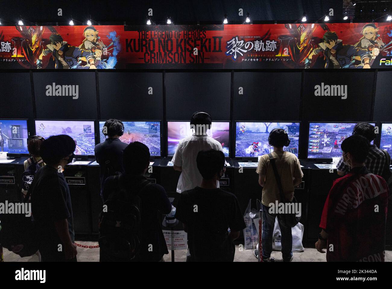 Visitors of Tokyo Game Show 2022 play a video game called The Legend of Heroes Kuro no kiseki II ...