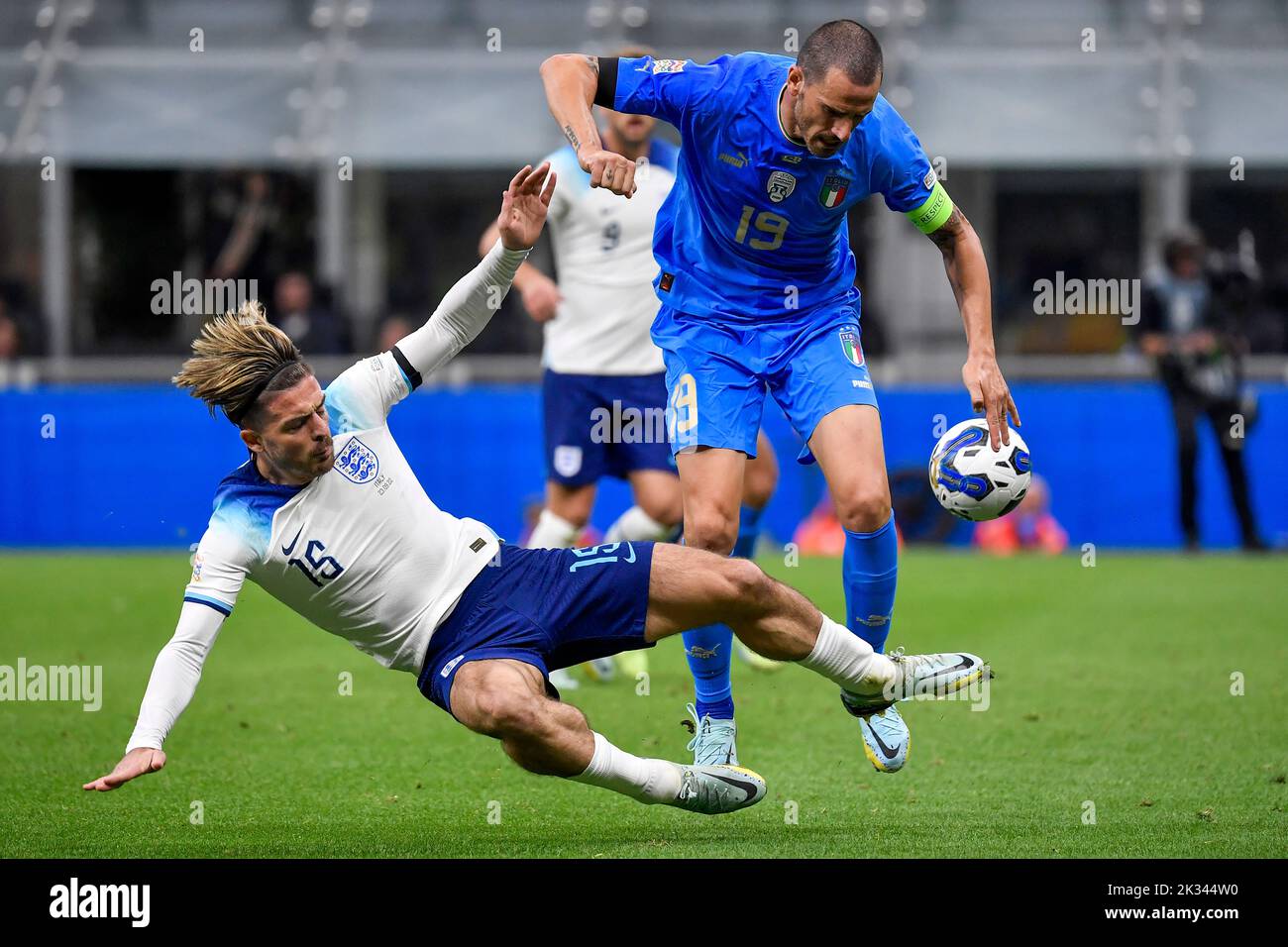 Jack Grealish of England and Leonardo Bonucci of Italy compete for the ...