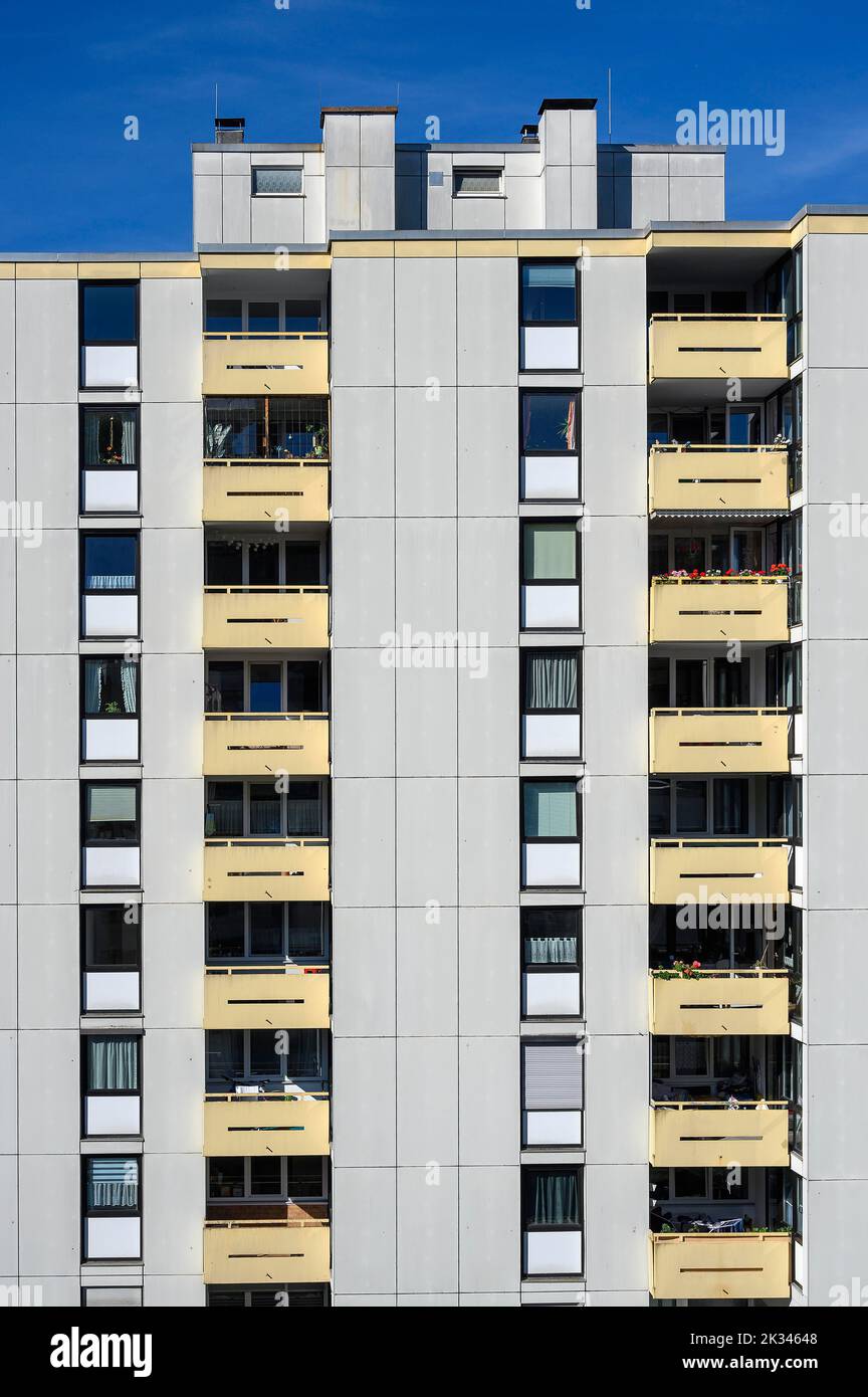 High-rise building with concrete balconies from the 70s in Kempten ...