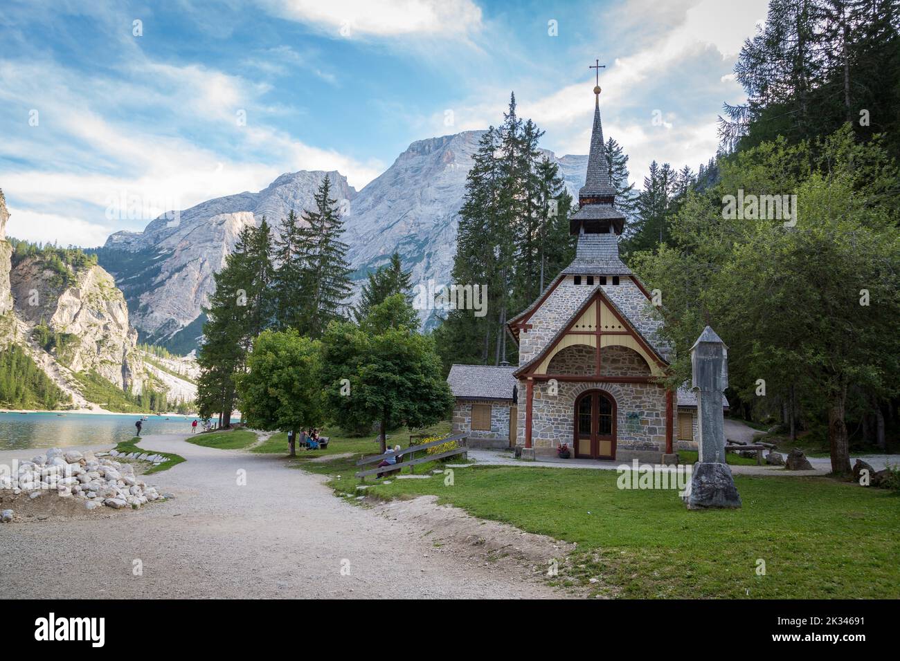 Lady Chapel at Lake Prags Lake, mountain lake and mountains in the ...