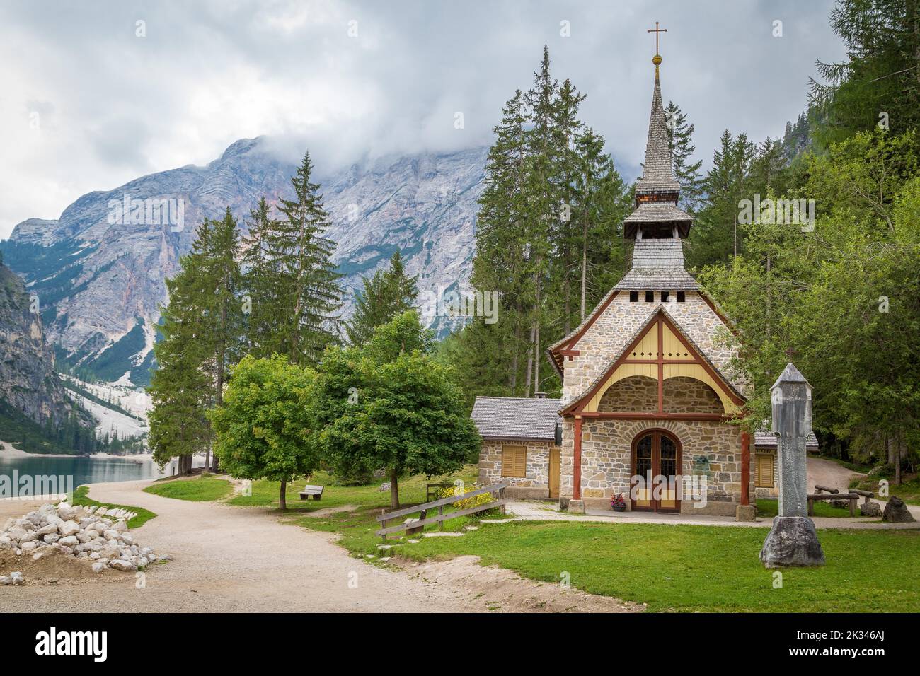 Lady Chapel at Lake Prags Lake, mountain lake and mountains in the ...