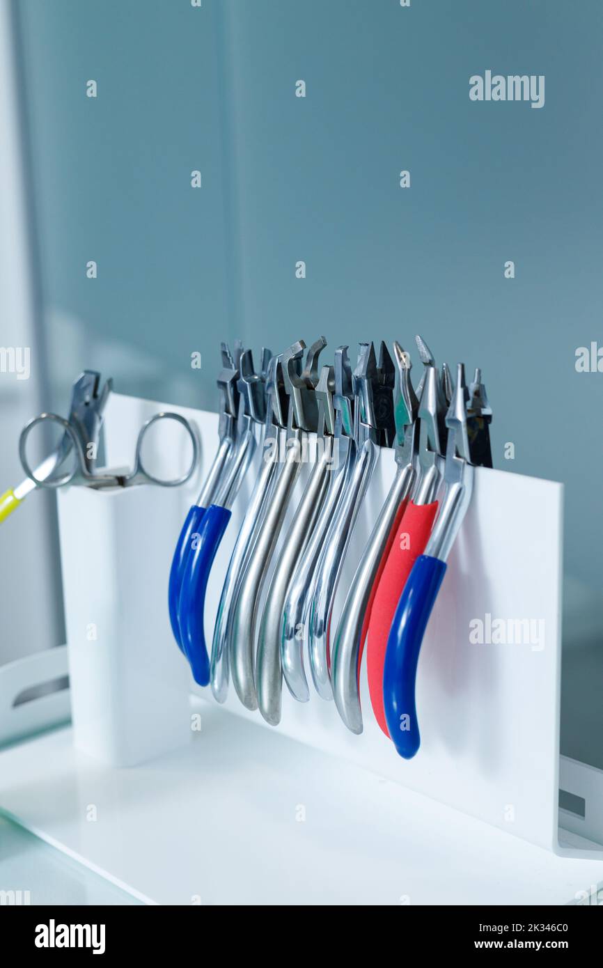 Orthodontic metal forceps for dental treatment. Orthodontic instruments ...