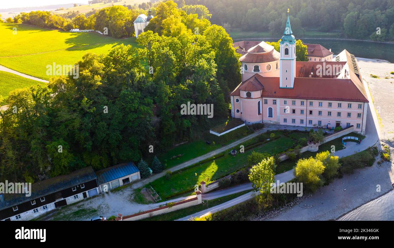 Aerial view of Weltenburg Monastery, Benedictine Abbey, on the Danube ...