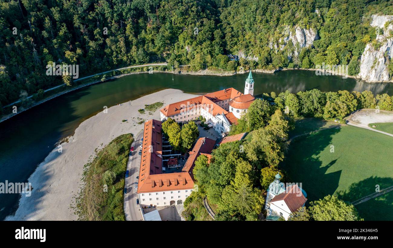 Aerial view of Weltenburg Monastery, Benedictine Abbey, on the Danube ...