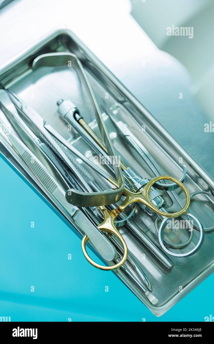 Tray with metal dental tools. Tools of the dentist. Interior of a ...