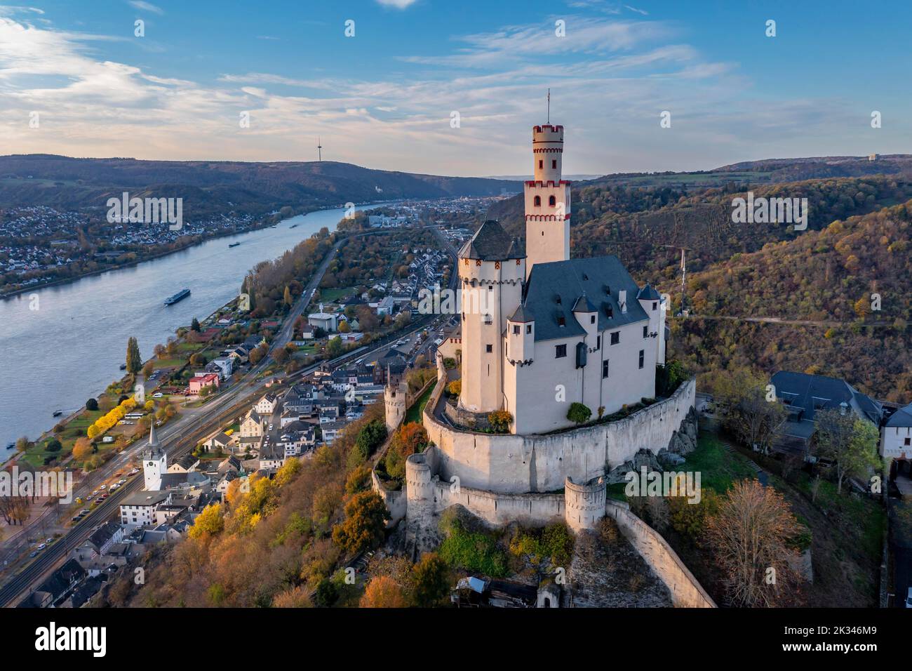Aerial view of the Rhine Valley with the Marksburg Castle, Braubach ...