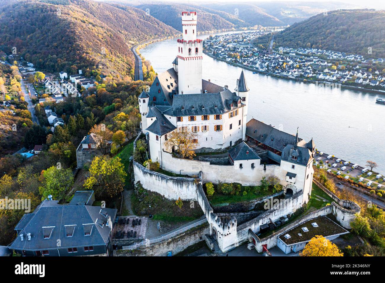 Aerial view of the Rhine Valley with the Marksburg Castle, Braubach ...