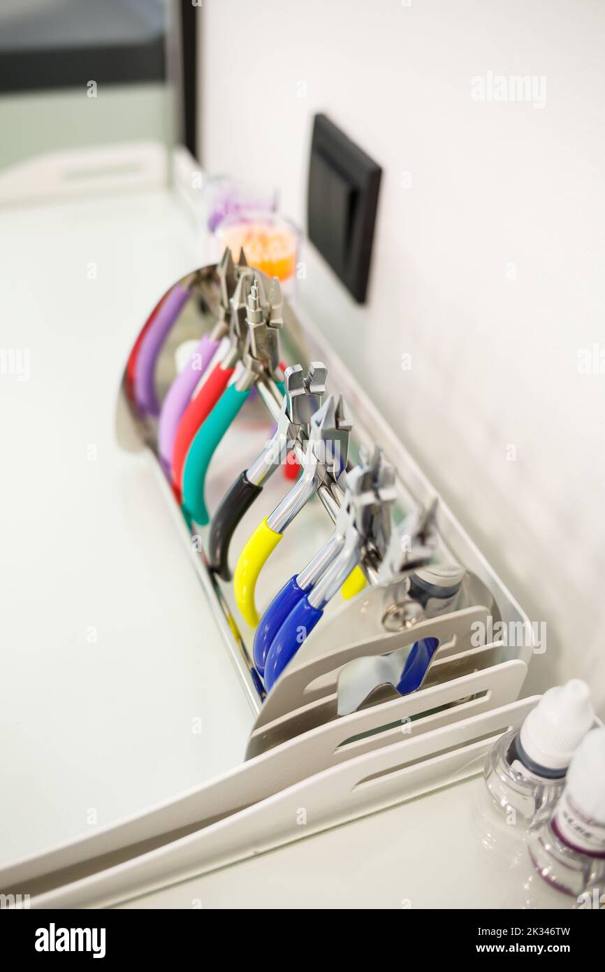 Orthodontic metal forceps for dental treatment. Orthodontic instruments ...