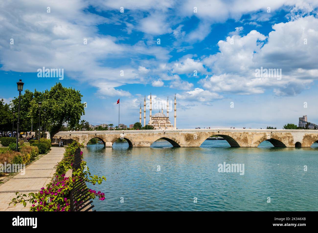 Sabanci Central Mosque and Stone bridge in Adana, Turkey, and the view ...