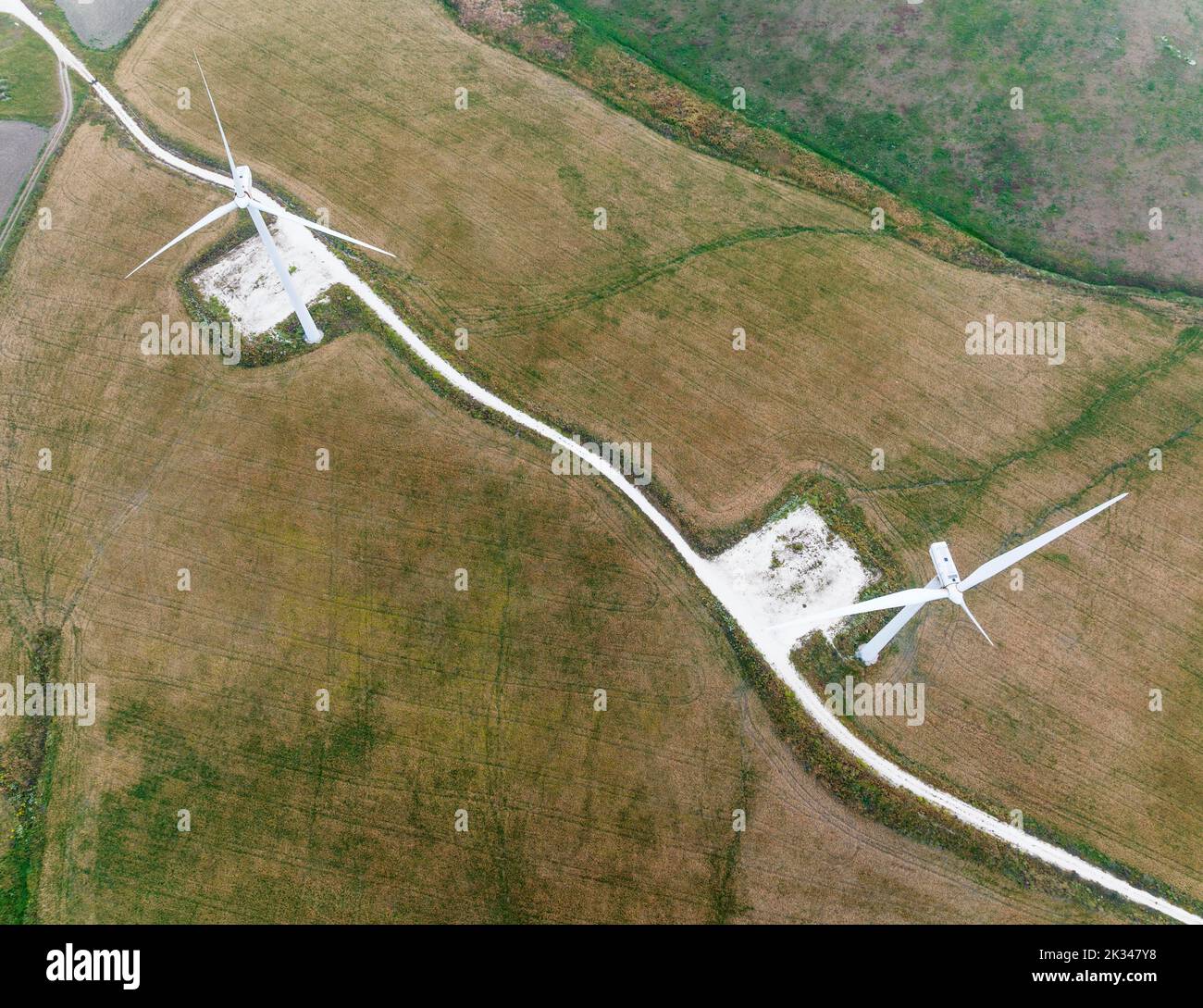 Windmills on a wind farm near Zahara de los Atunes, aerial view, drone ...