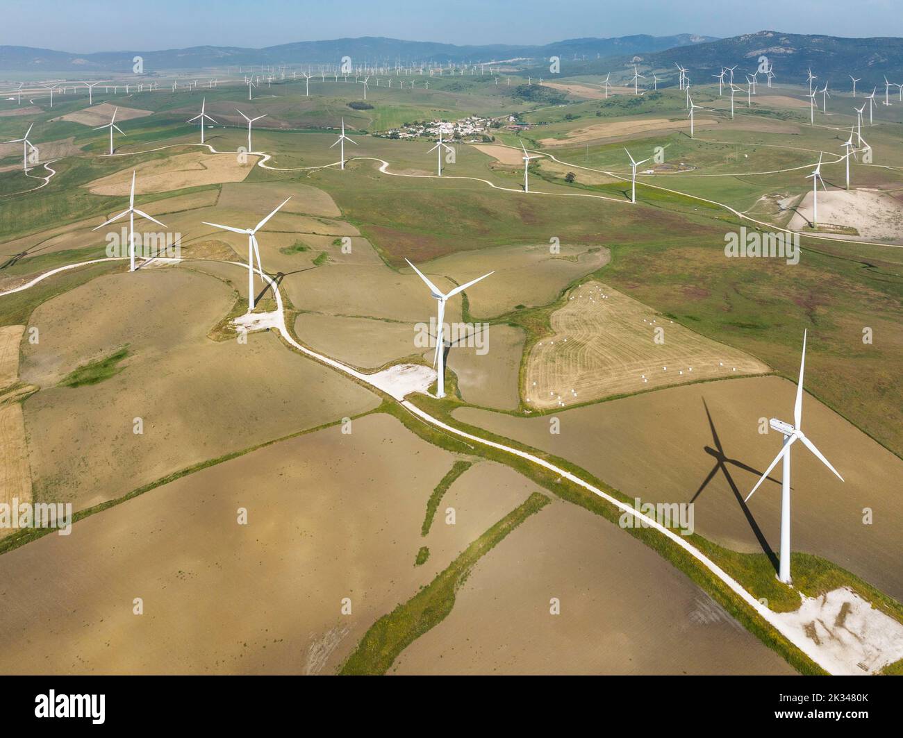 Windmills on a wind farm near Zahara de los Atunes, aerial view, drone ...