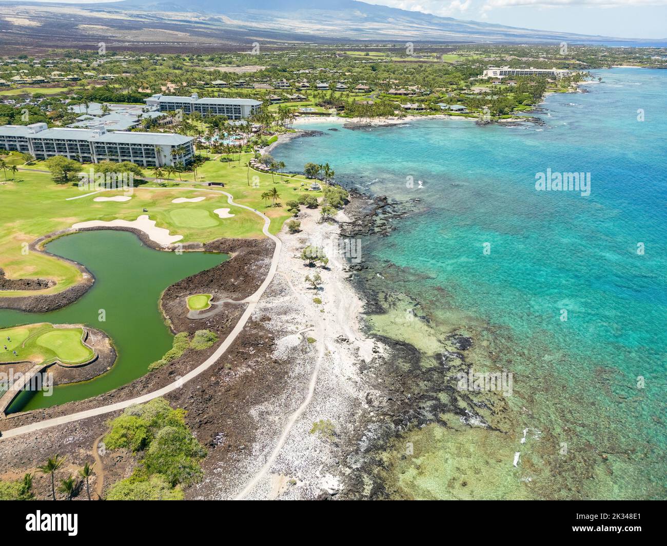 Aerial view of Holohokai Beach Park, Pauoa Bay, Puako, Big Island ...