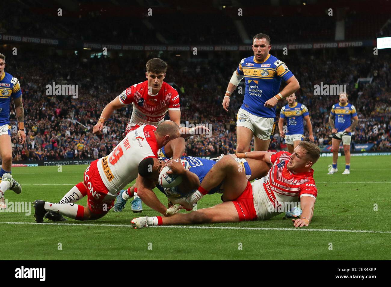 Manchester, UK. 24th Sep, 2022. Kruise Leeming of Leeds Rhinos scores a ...