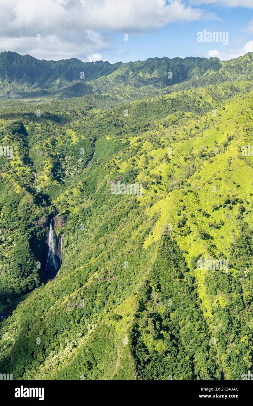 Aerial view Manawaiopuna Falls (Jurassic Park Falls), Kauai, Hawaii ...