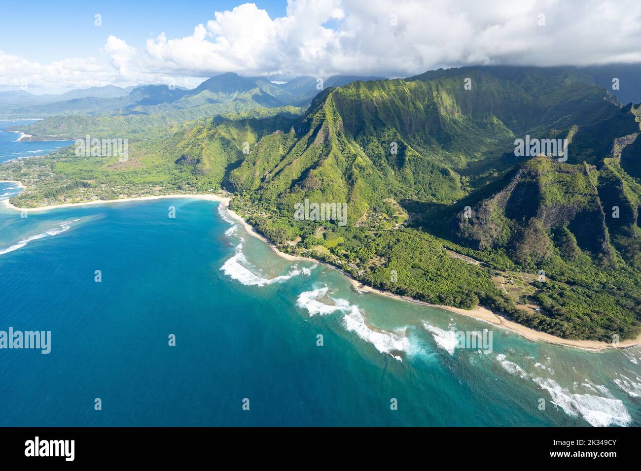 Aerial view Kee Beach, Haena Beach, Tunnels Beach, Kepuhi Beach, Kauai ...
