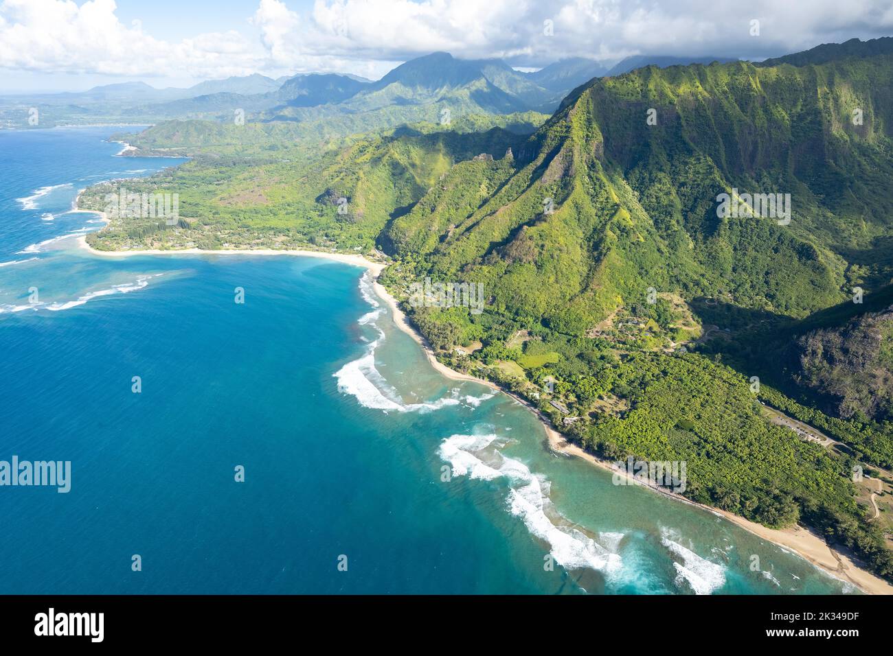 Aerial view Kee Beach, Haena Beach, Tunnels Beach, Kepuhi Beach, Kauai ...
