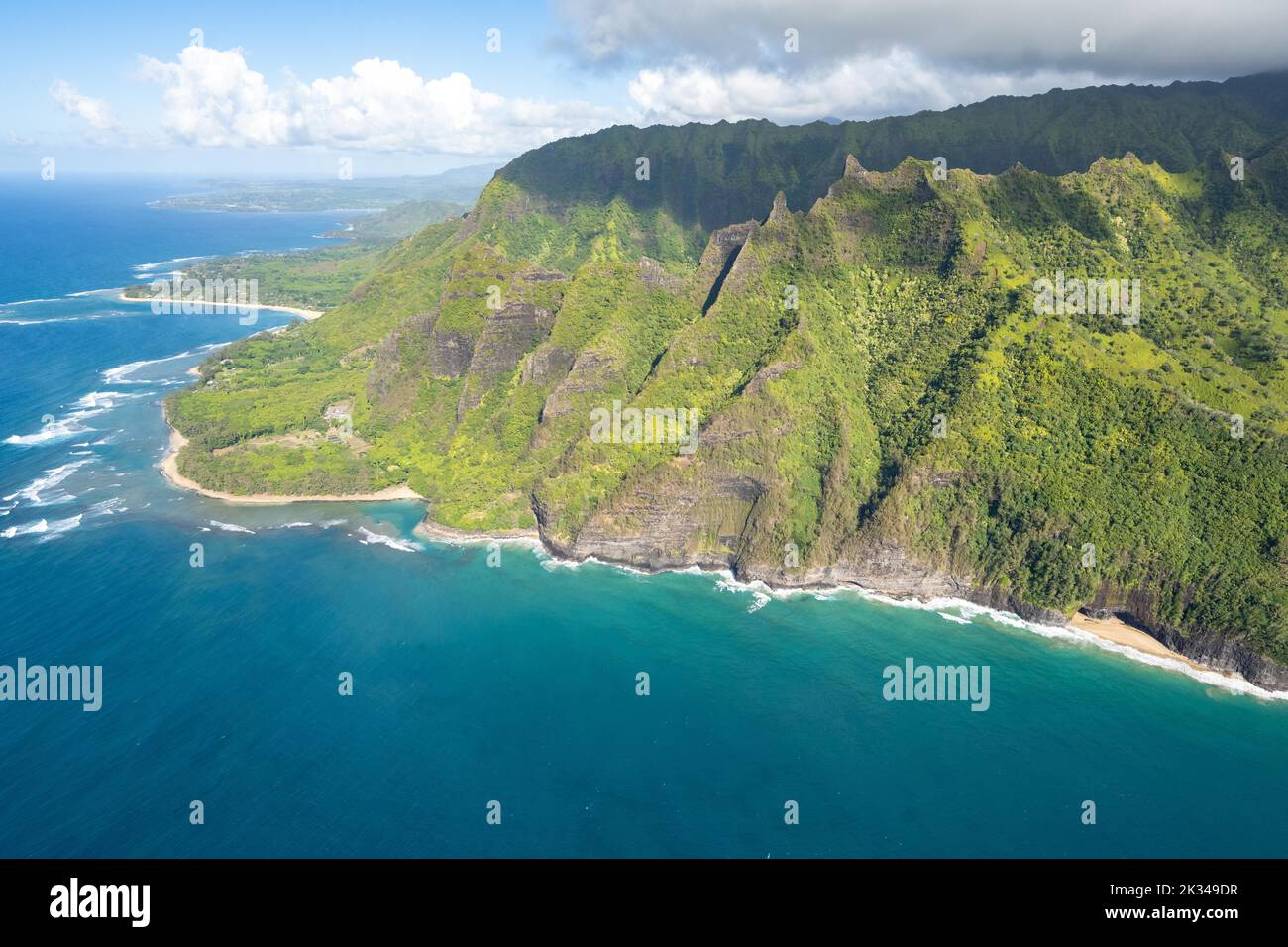Aerial view Haena Beach, Tunnels Beach, Kepuhi Beach, Kauai, Hawaii ...