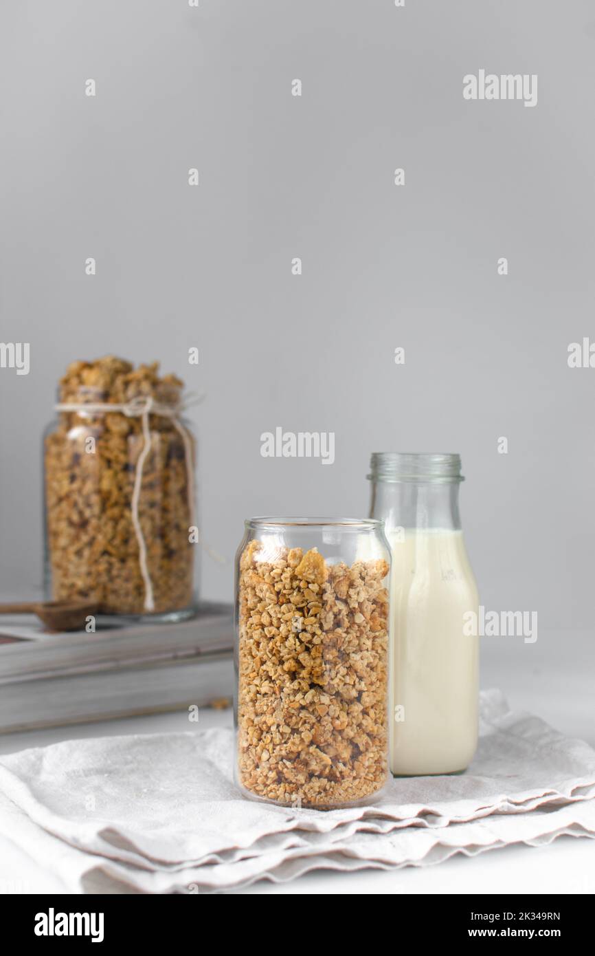Granola in a can shaped glass, toasted honey granola in can glass cup ...