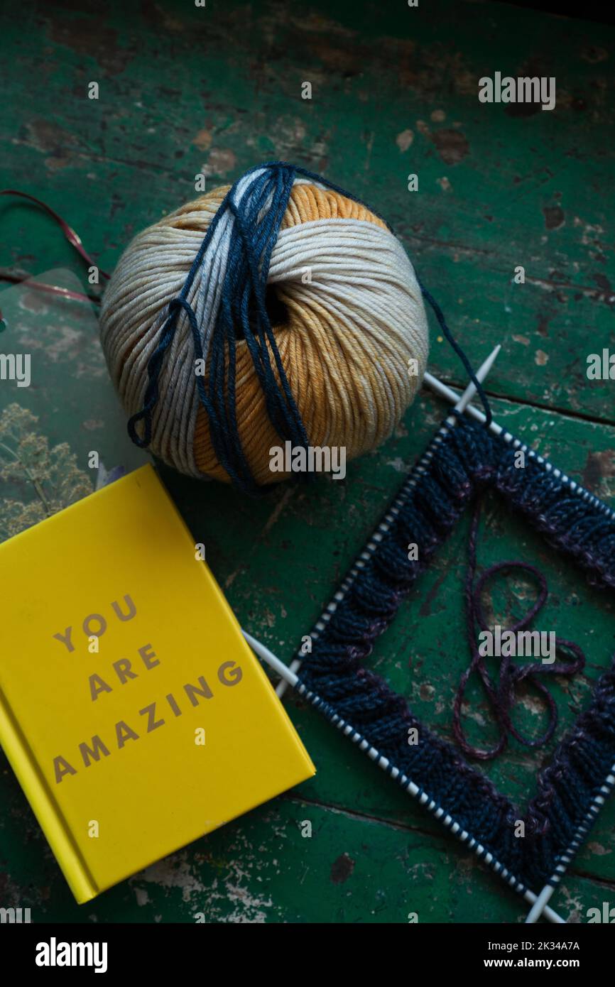 Handwork, started knitting with needle play Stock Photo - Alamy