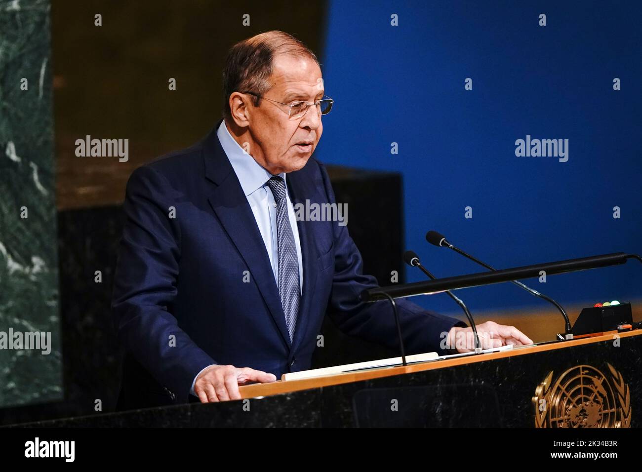 New York, NY - September 24, 2022: Sergey Lavrov, Foreign Minister of Russian Federation speaks ...