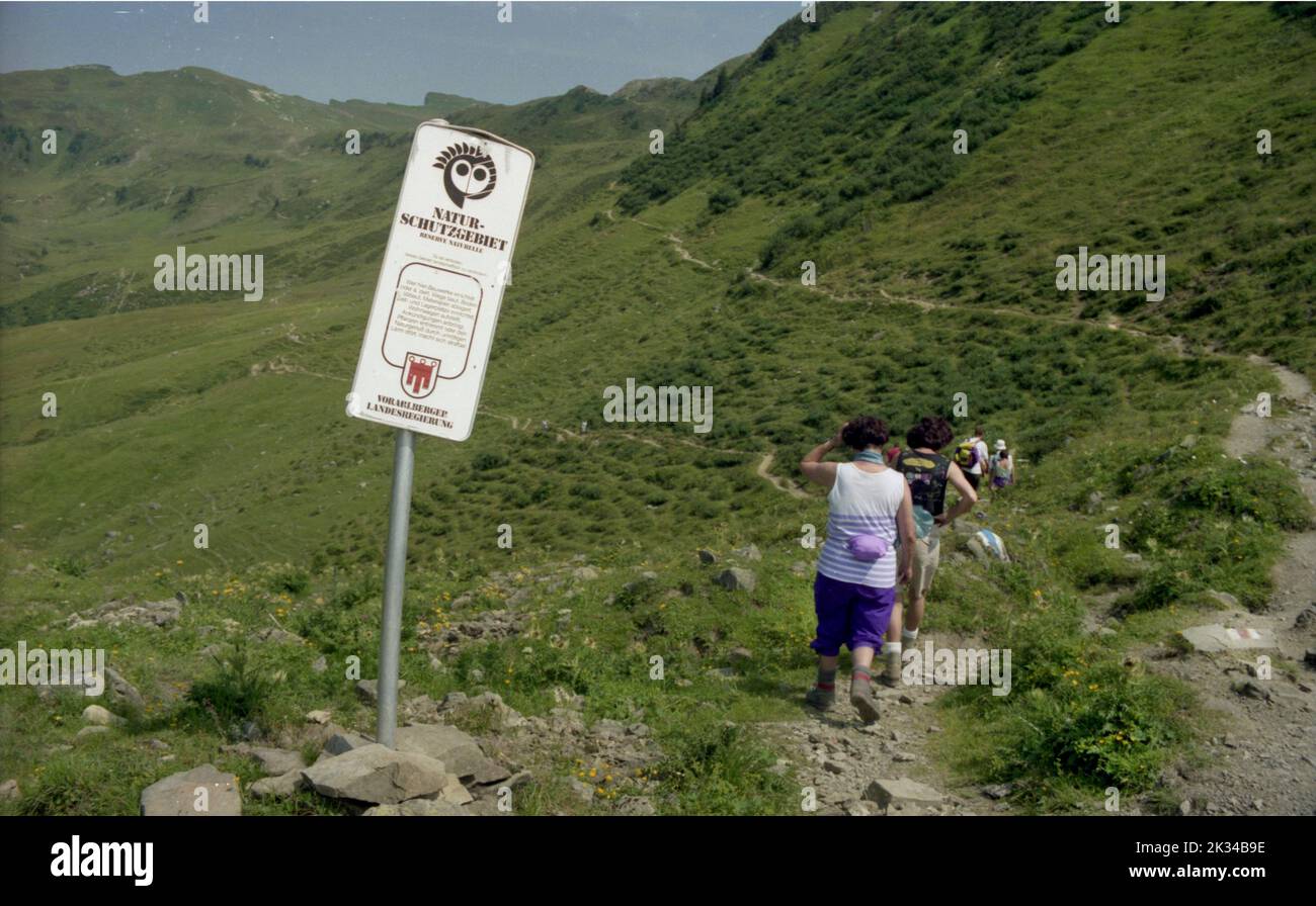 Breganz. Mountain hikers of a German hiking group on a hut hike in the ...