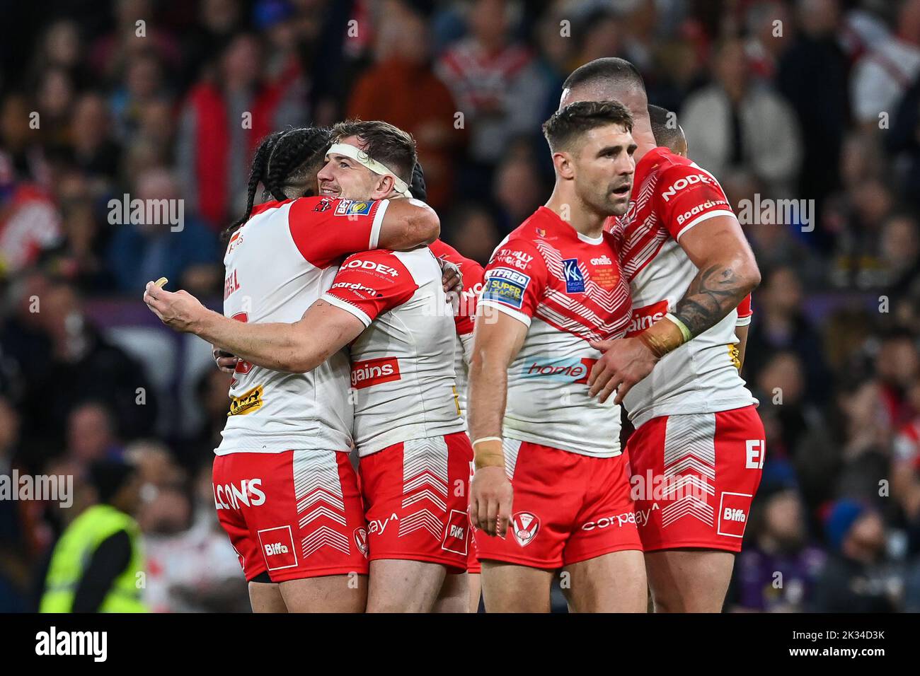 Mark Percival #4 of St Helens celebrates his try during the 25th ...