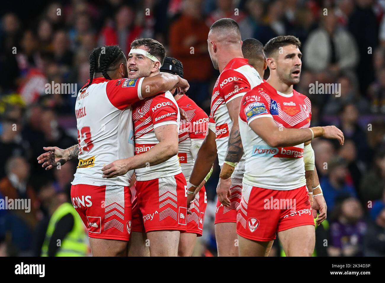 Mark Percival #4 of St Helens celebrates his try during the 25th ...