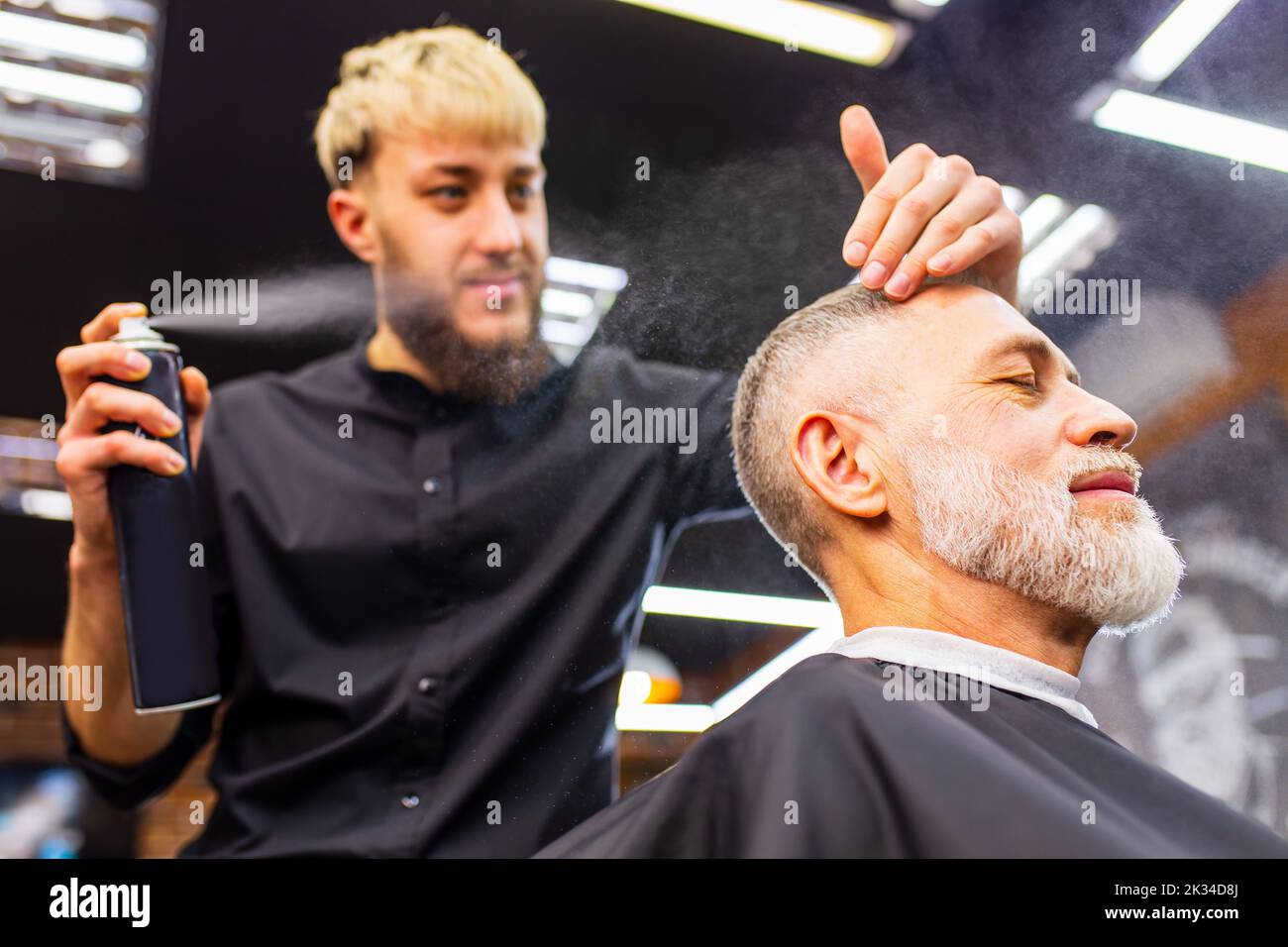 Senior handsome man visiting hairstylist in modern barber shop Stock ...