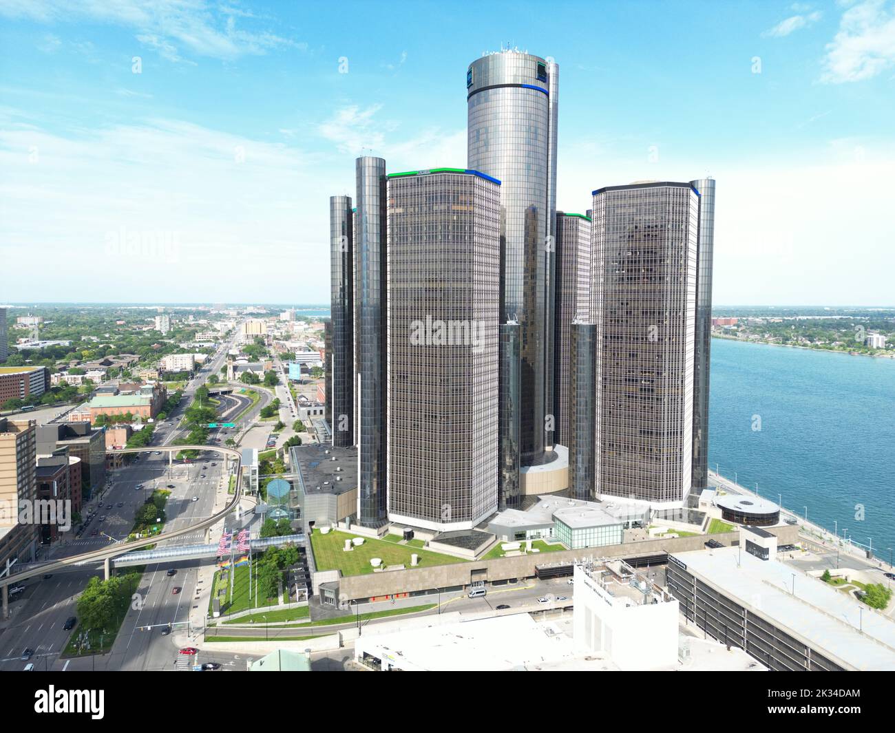 A drone view of the Detroit Marriott skyscraper tower at the ...