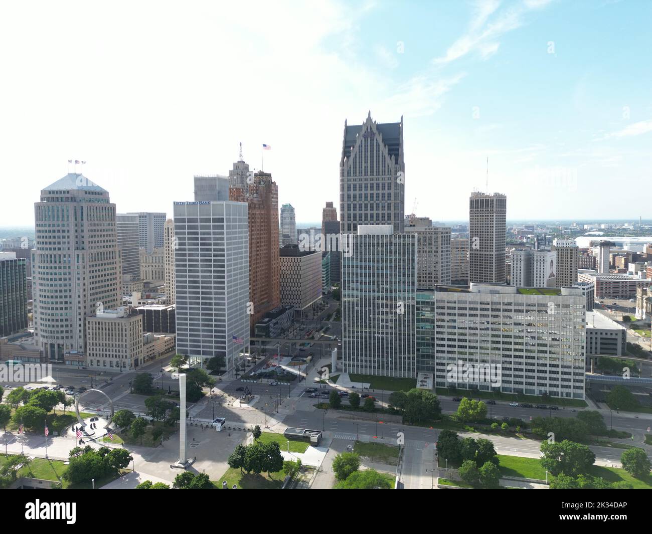 A drone view of the Hart Plaza skyscraper towers in Downtown Detroit ...