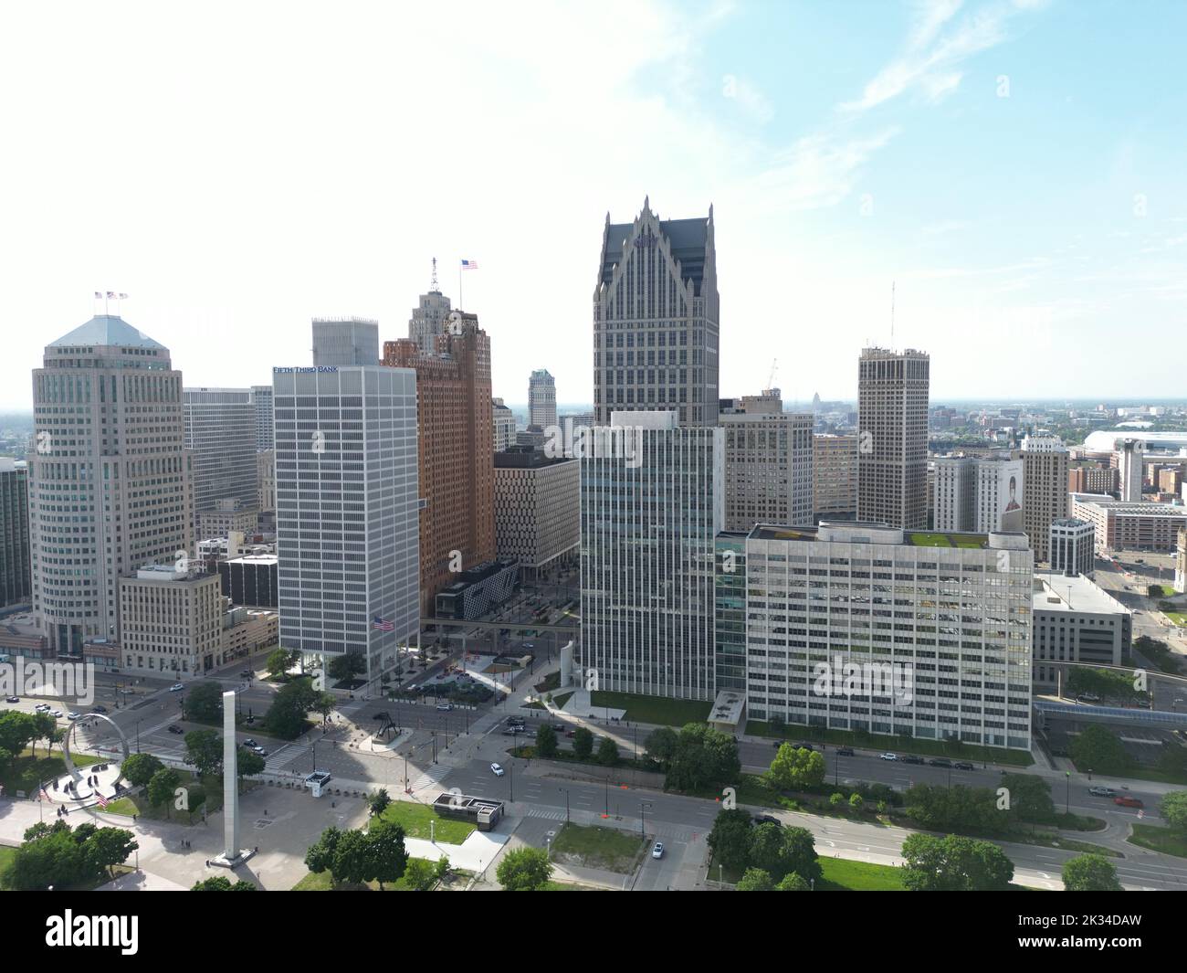 A drone view of the Hart Plaza skyscraper towers in Downtown Detroit ...
