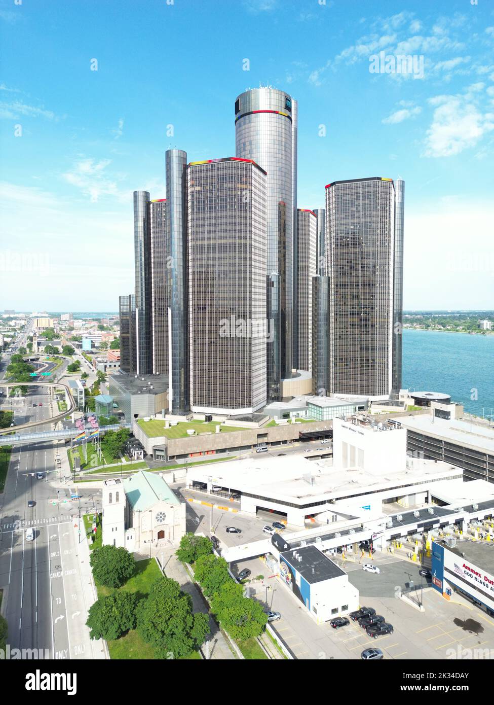 A drone view of the Detroit Marriott skyscraper tower at the ...