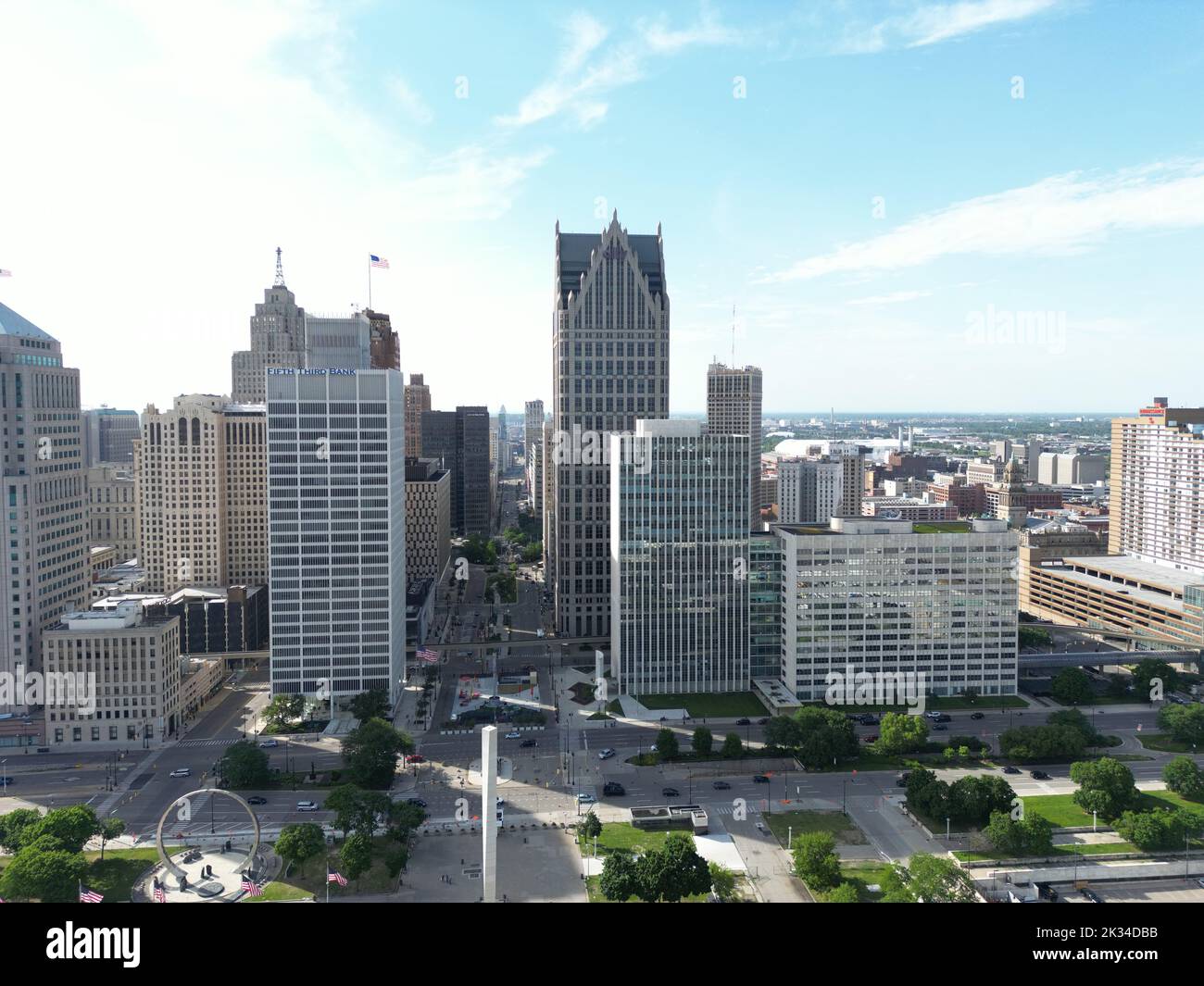 A drone view of the Hart Plaza skyscraper towers in Downtown Detroit ...